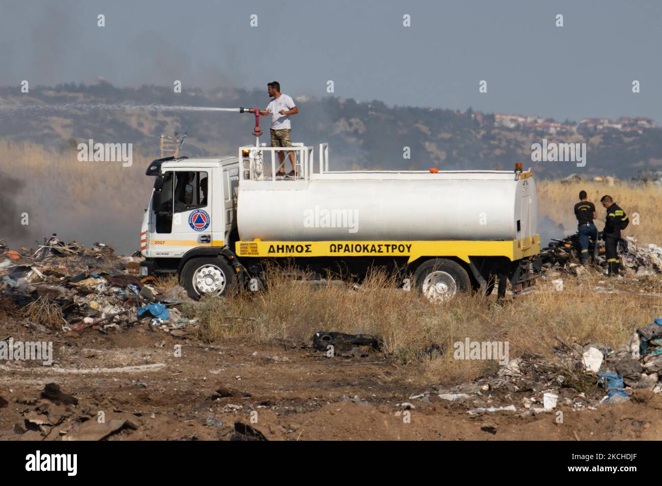 Firefighting forces fighting bushfires near Thessaloniki. The ...