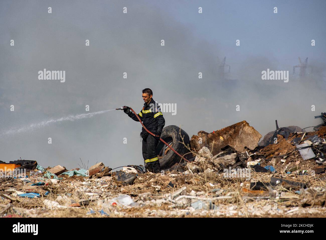 Firefighting forces fighting bushfires near Thessaloniki. The ...