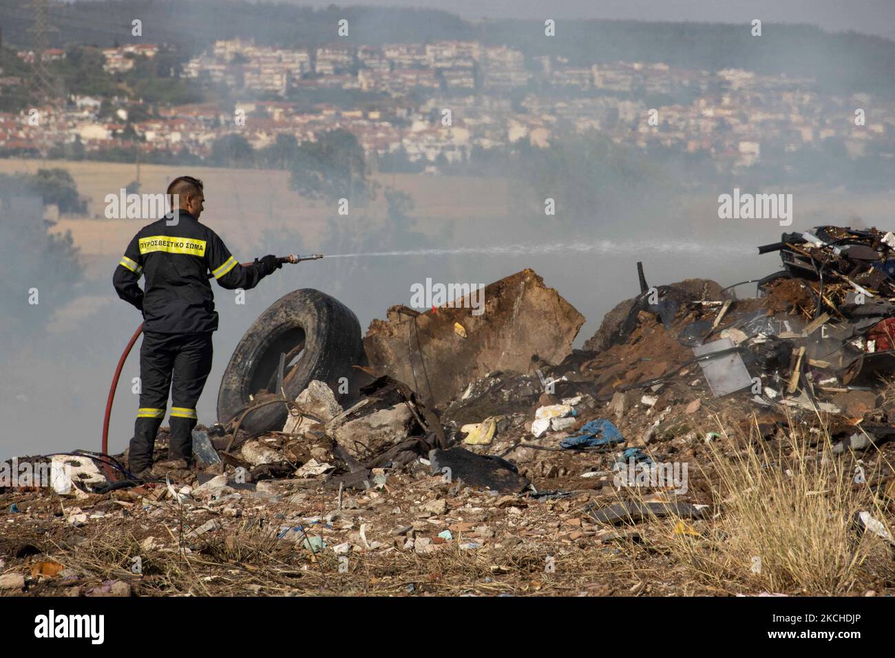 Firefighting forces fighting bushfires near Thessaloniki. The ...
