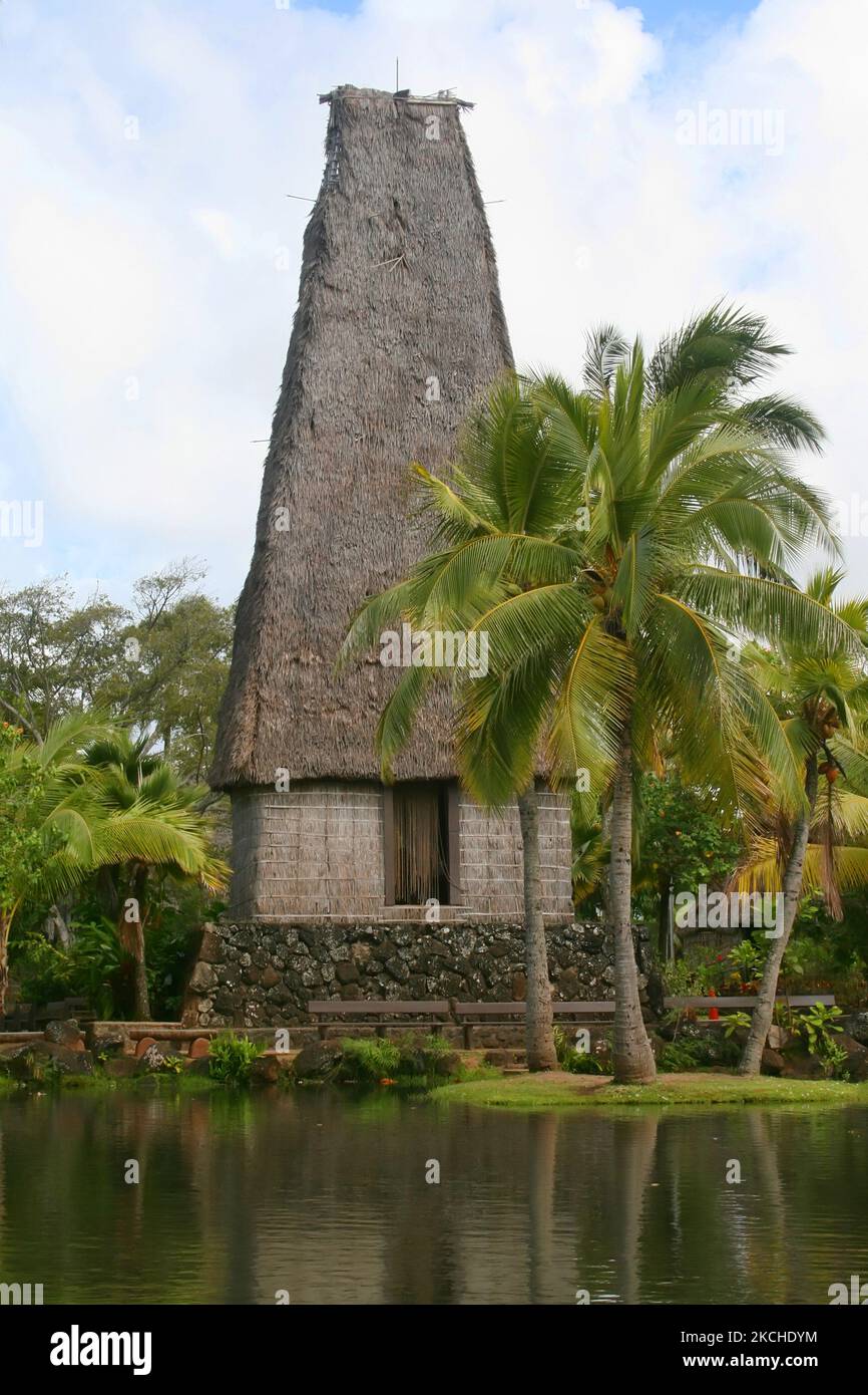 Traditional Polynesian house made from wood and palm leaves on O'ahu ...