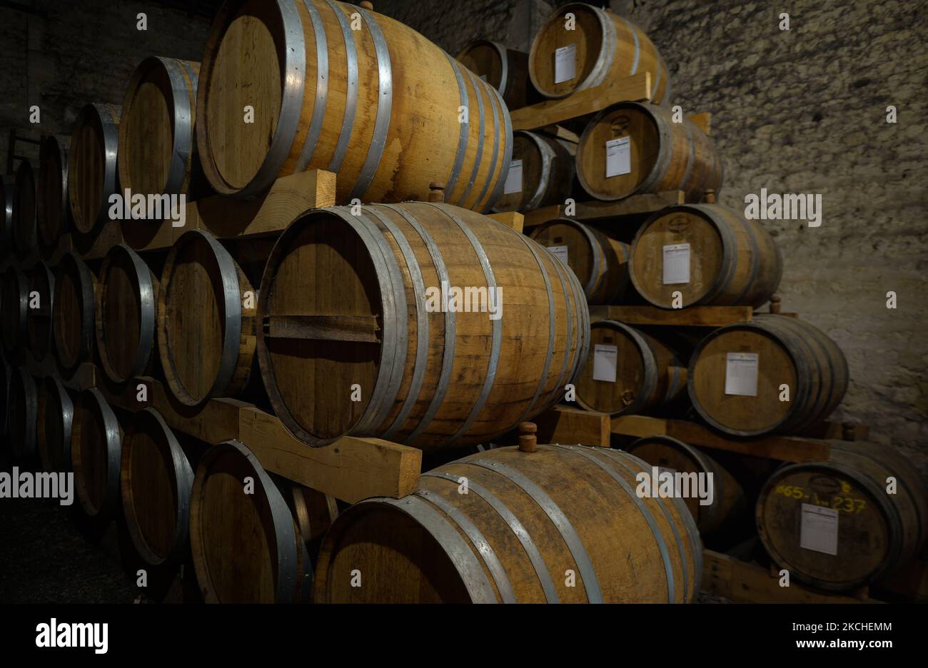 Oak barrels used to age Calvados (apple brandy) at The Domaine de La ...