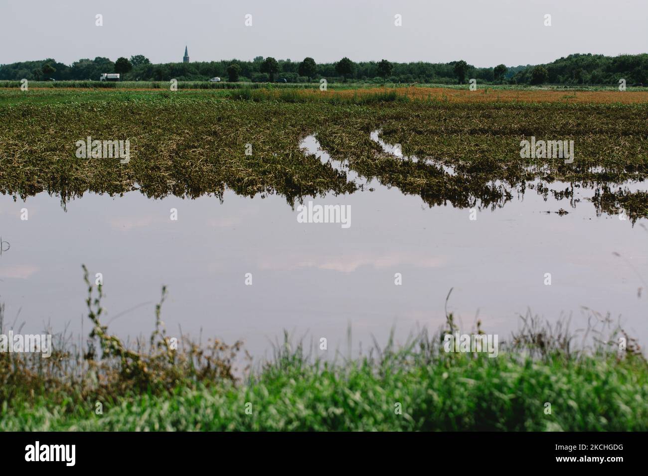a flooded field is seen in Erftstadt, Germany on July 21, 2021 after a ...