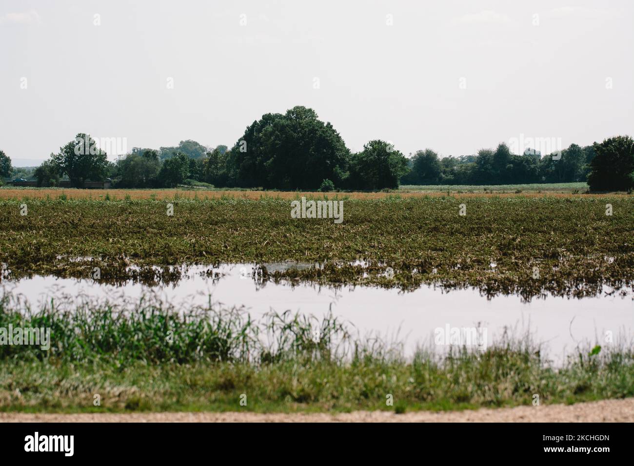 a flooded field is seen in Erftstadt, Germany on July 21, 2021 after a ...