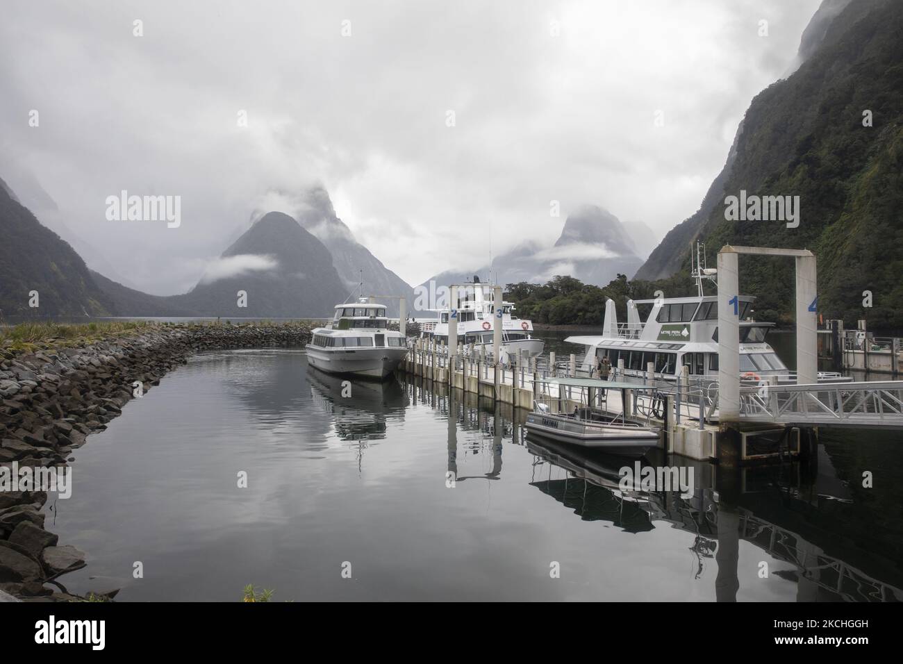 Cruise ships and boats dock at Milford Sound harbour in the southwest ...