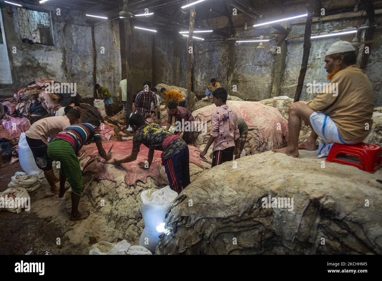 Workers are giving salt to the rawhide for the final processing. On ...