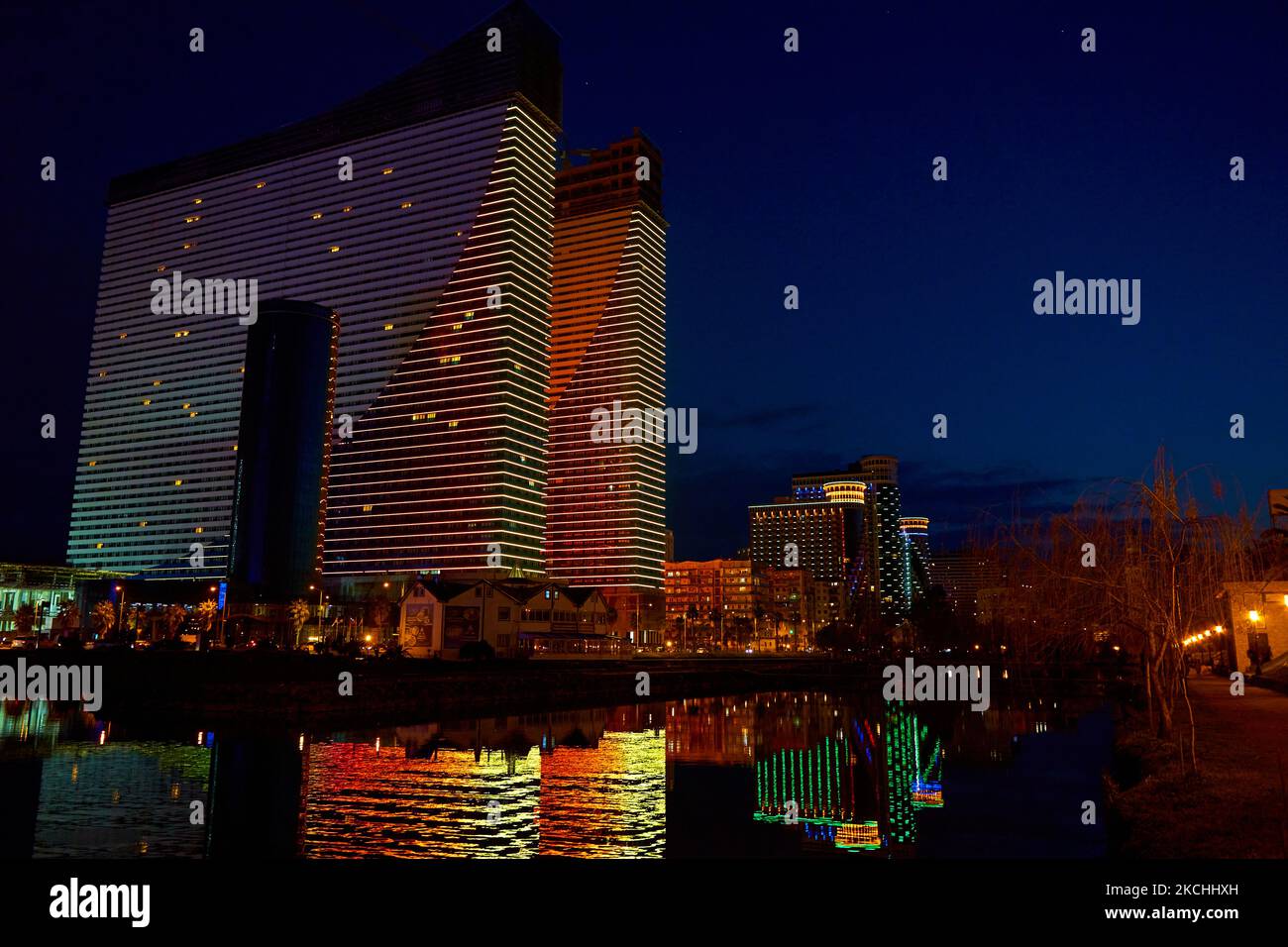 Evening view of the modern hotel complex Orbi City in the city of ...