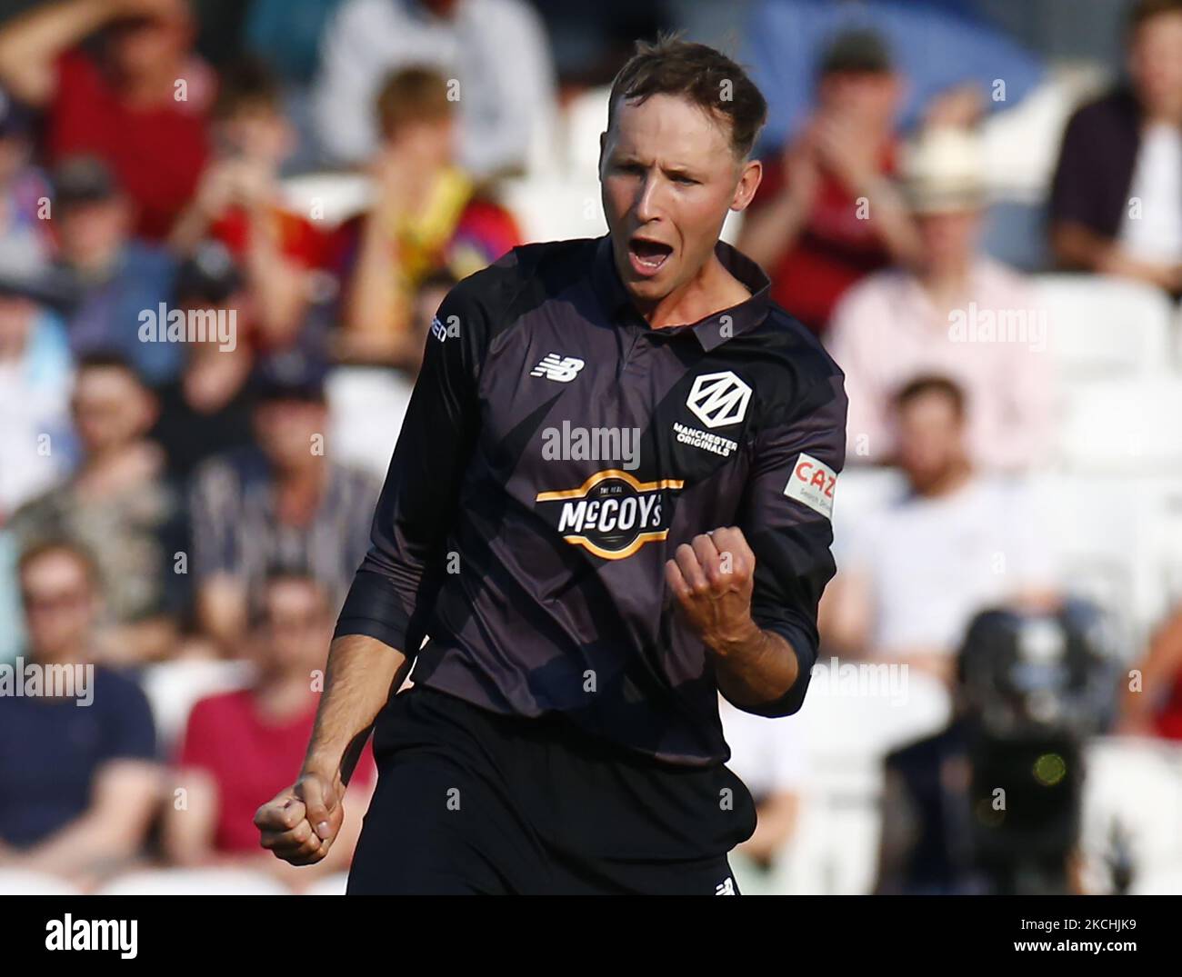 Tom Hartley of Manchester Originals celebrates the wicket of Sam Curran ...