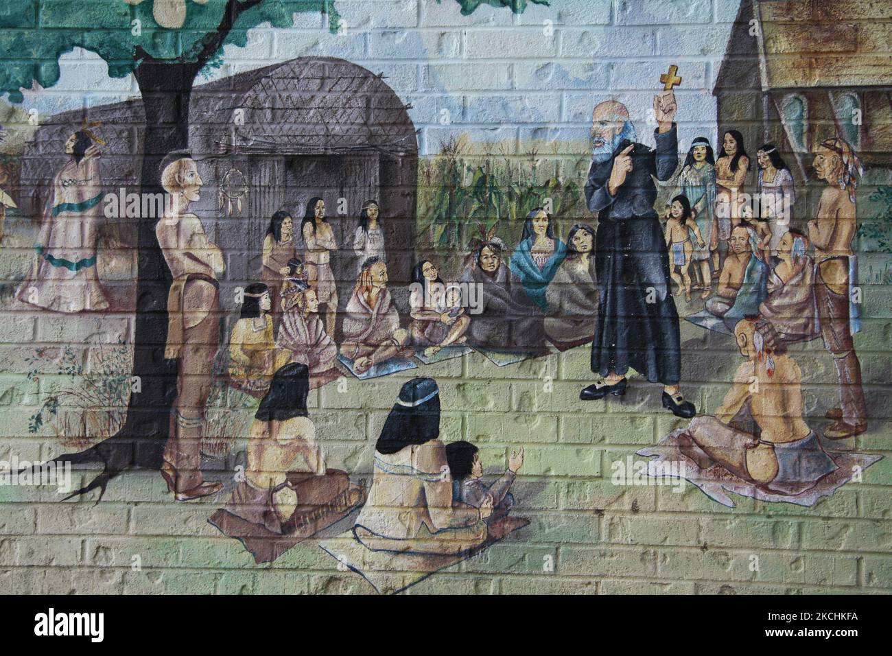 Mural depicting the Christianization of the Huron Indians (Wyandots) in ...