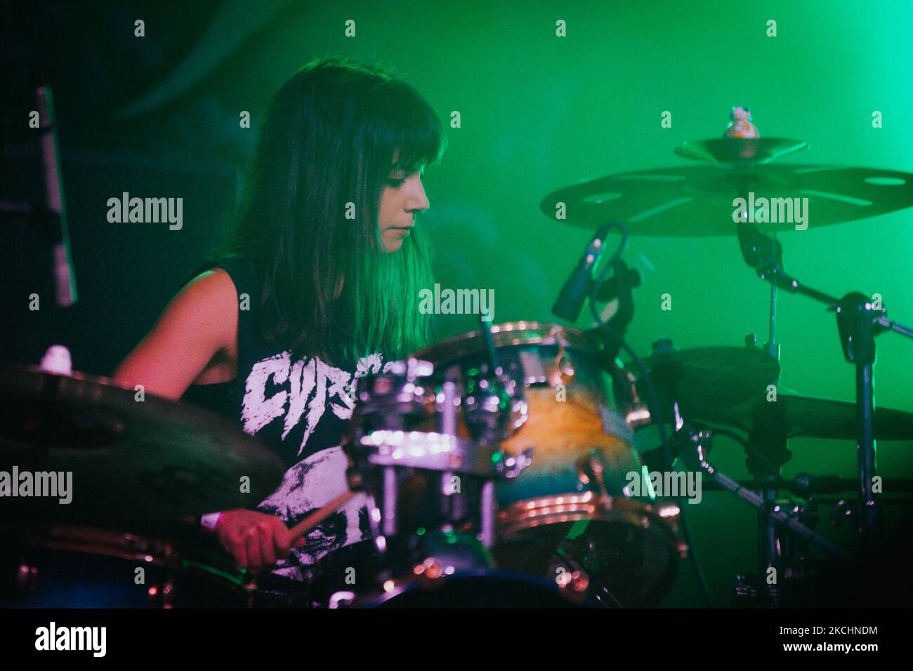 Drummer Eleni Nota of Nervosa band performs during the Hybrid rock ...