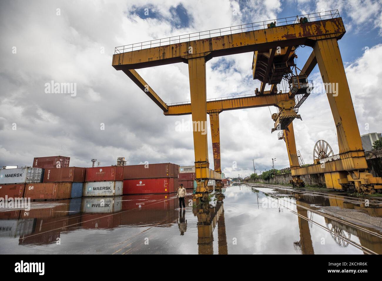 A security personnel walks in the premises of a Inland Container Depot ...