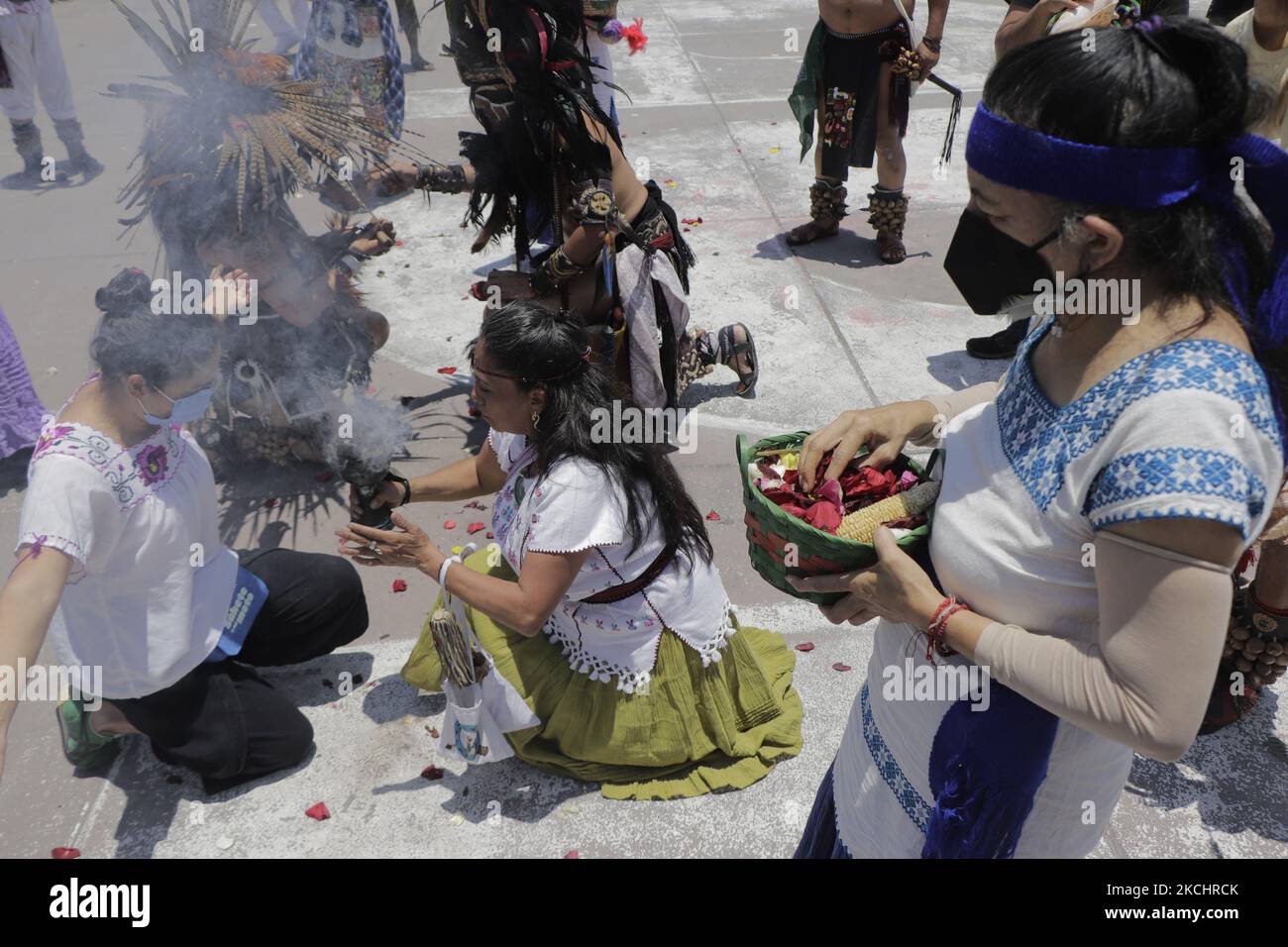 Pre-hispanic ritual with incense, copal and flowers during the 696th ...
