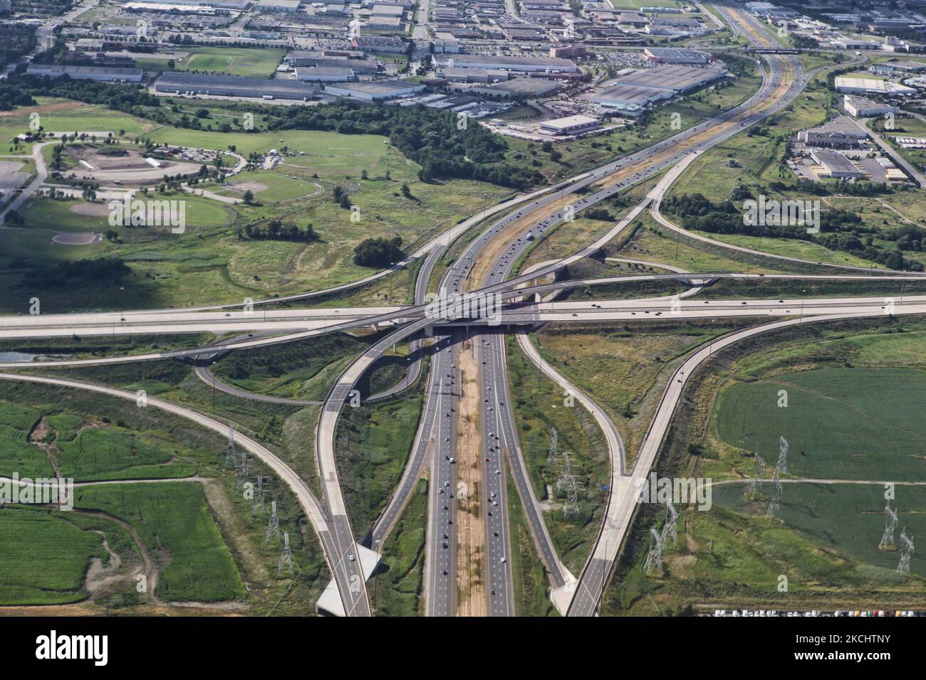 Busy highways seen above the city of Mississauga, Ontario, Canada ...