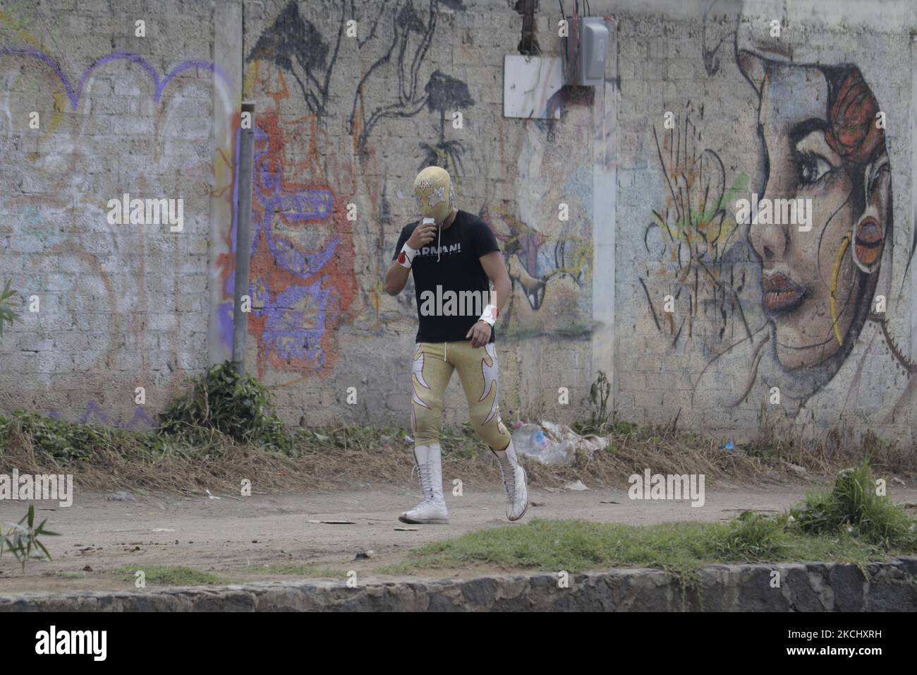 Gran Felipe Jr., a professional wrestler, before a wrestling match ...