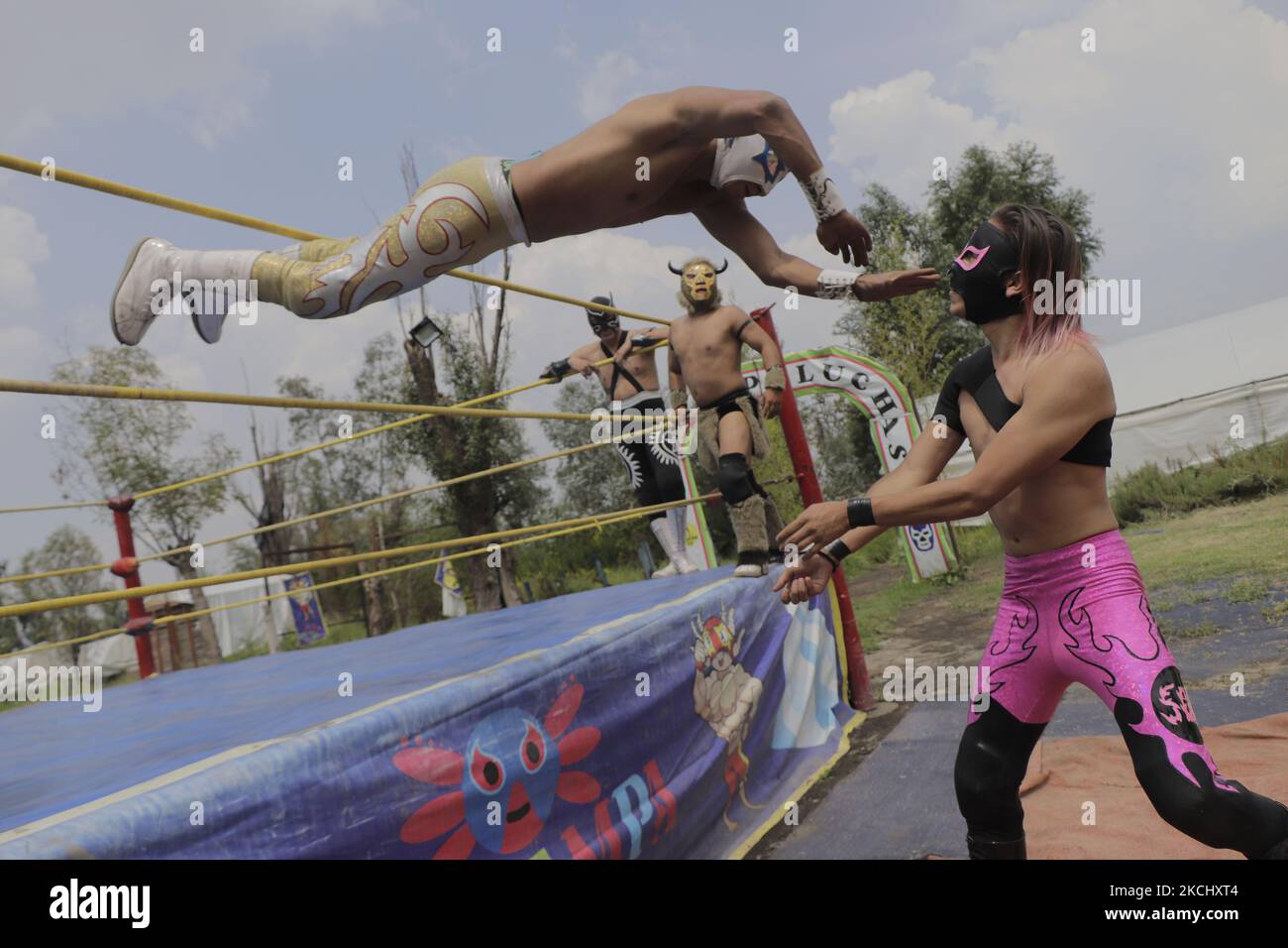 Gran Felipe Jr. and Sol, professional wrestlers, during a wrestling ...