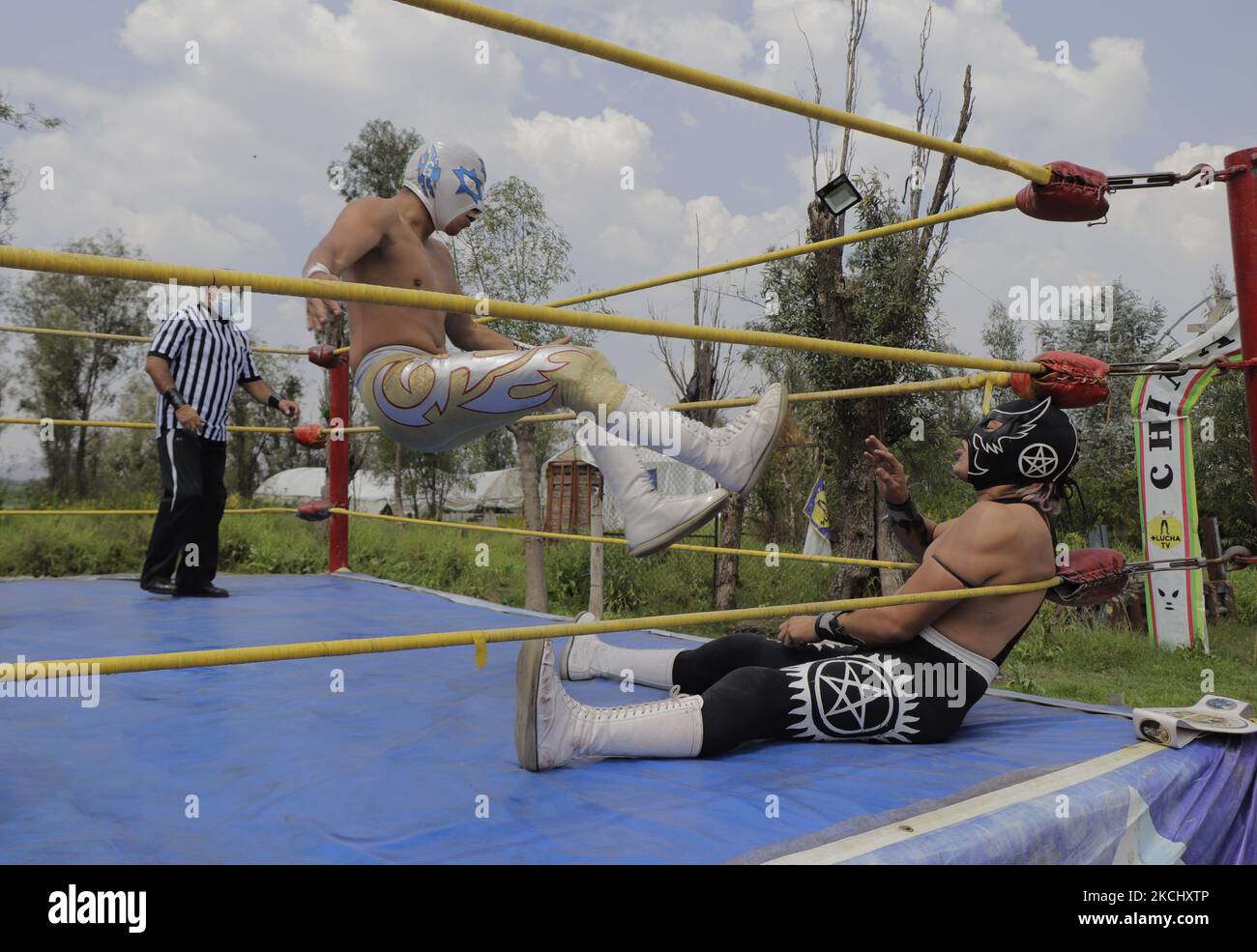 Gran Felipe Jr. and Devil, professional wrestlers, during a wrestling ...
