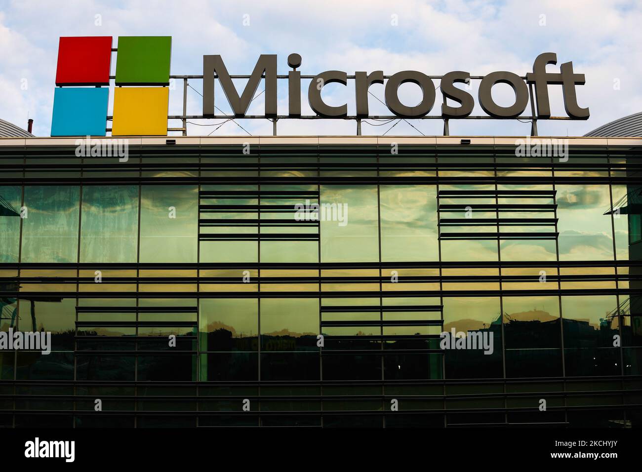 Microsoft logo is seen on the office building in Warsaw, Poland on July ...