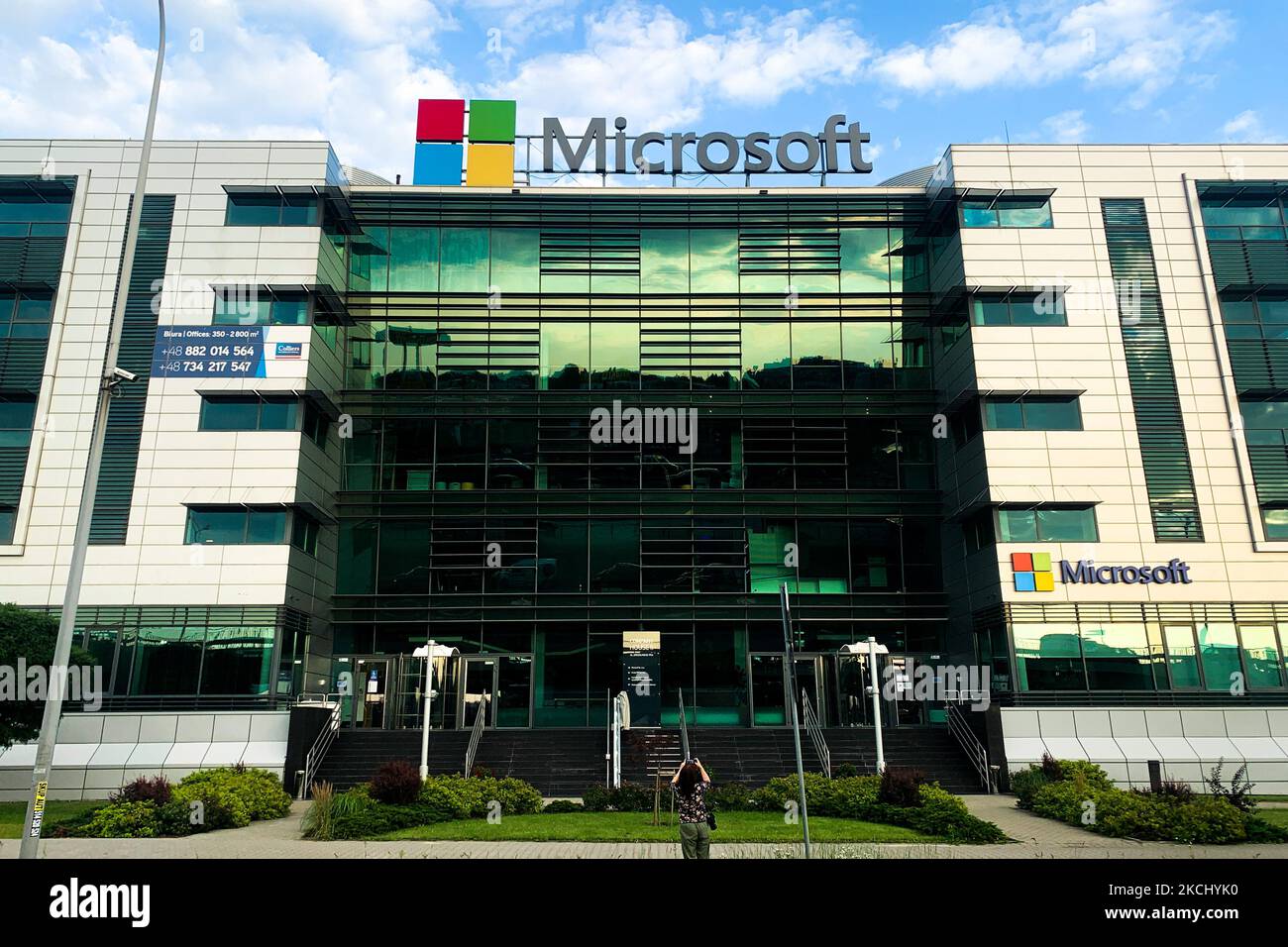 Microsoft logo is seen on the office building in Warsaw, Poland on July ...
