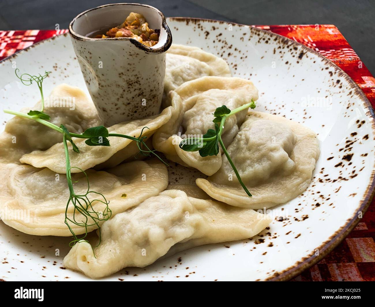 Traditional Lithuanian meal called Kalduny is seen on the restaurant's ...