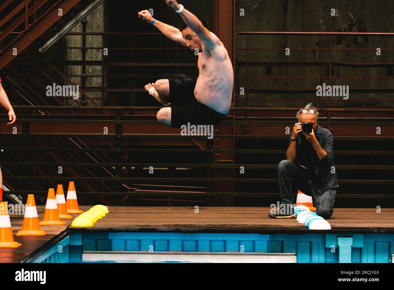 people participate the pool jumping contest at "Werksschwimmbad ...