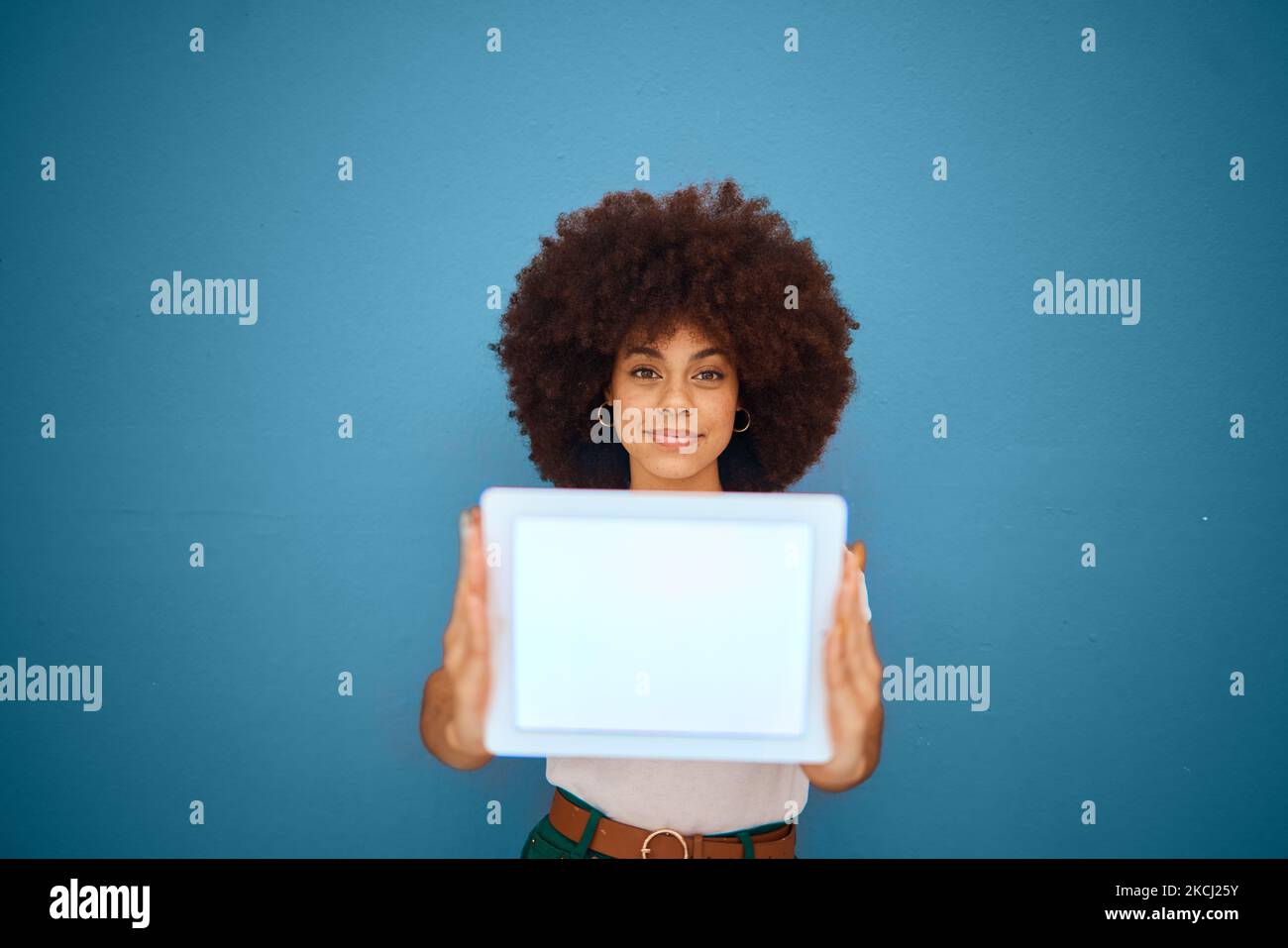 Mockup screen, digital tablet and portrait of black woman with ...