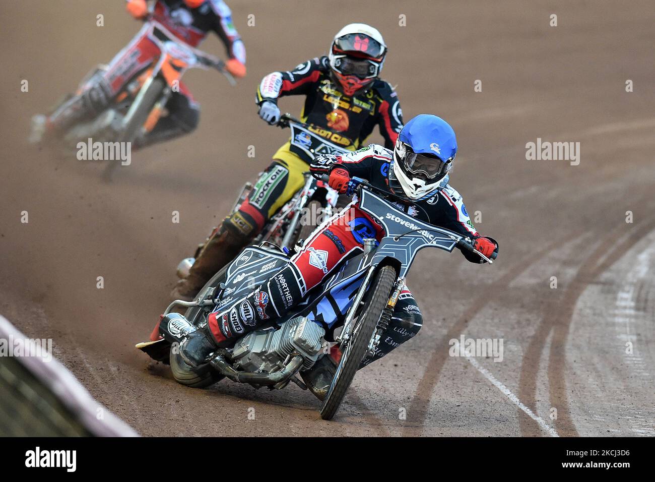 Sam McGurk of Belle Vue Cool Running Colts leads Joe Lawlor (Captain ...