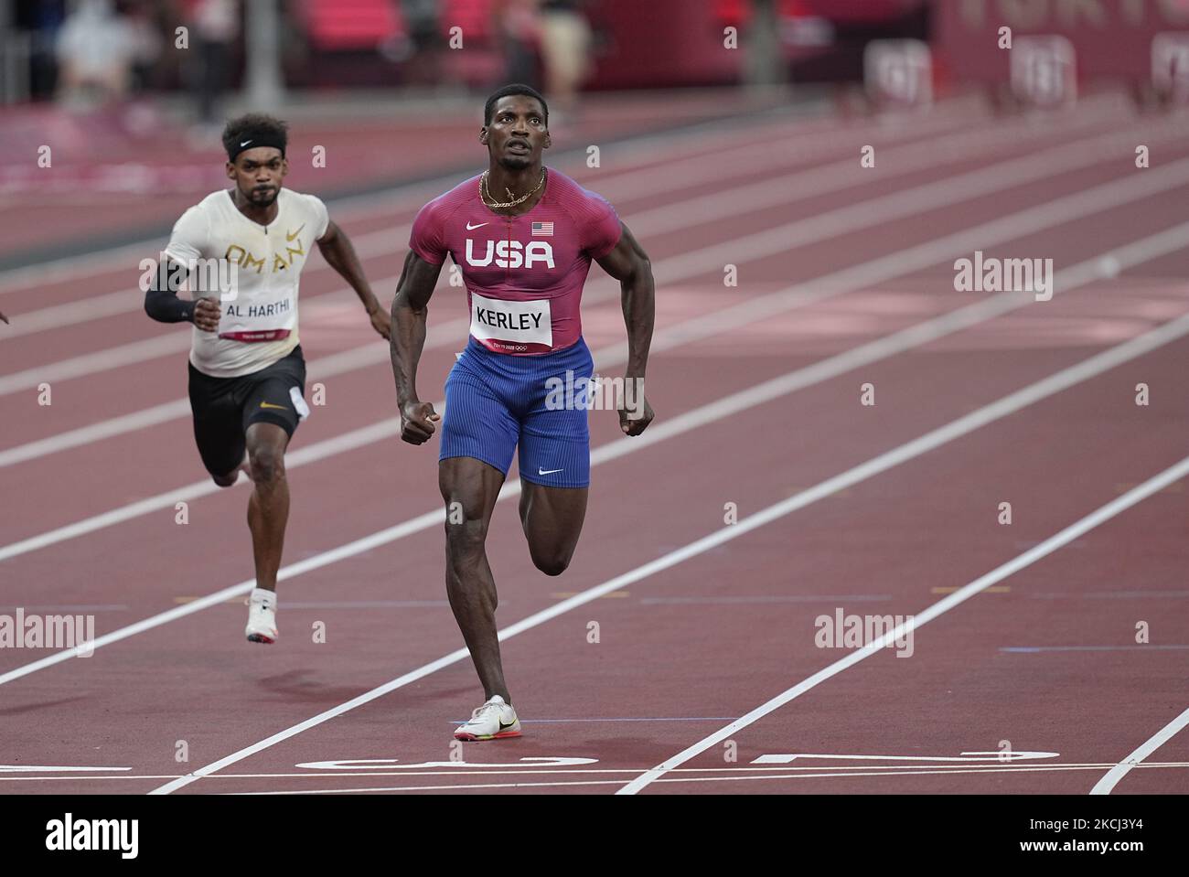 David Kerley during 100 meter for men at the Tokyo Olympics, Tokyo Olympic stadium, Tokyo, Japan ...