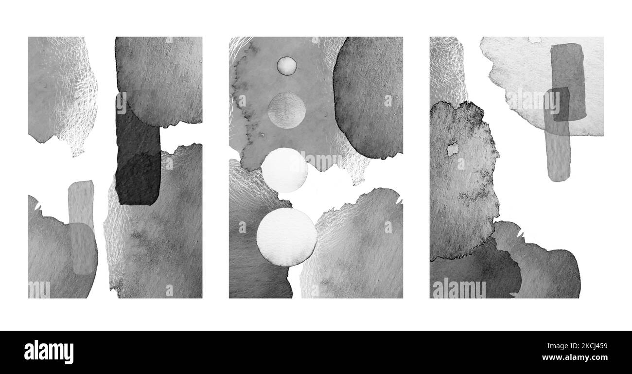 Black and white abstract art set. Monochrome wall art. Ink and watercolor stains in grunge style ...