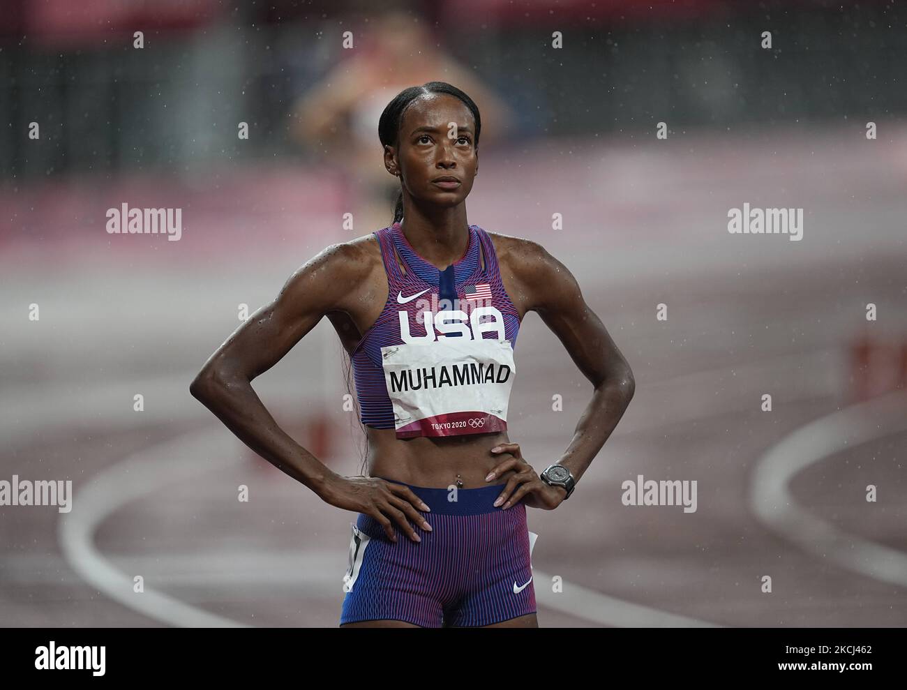 Dalilah Muhammad during 400 meter hurdles for women at the Tokyo ...