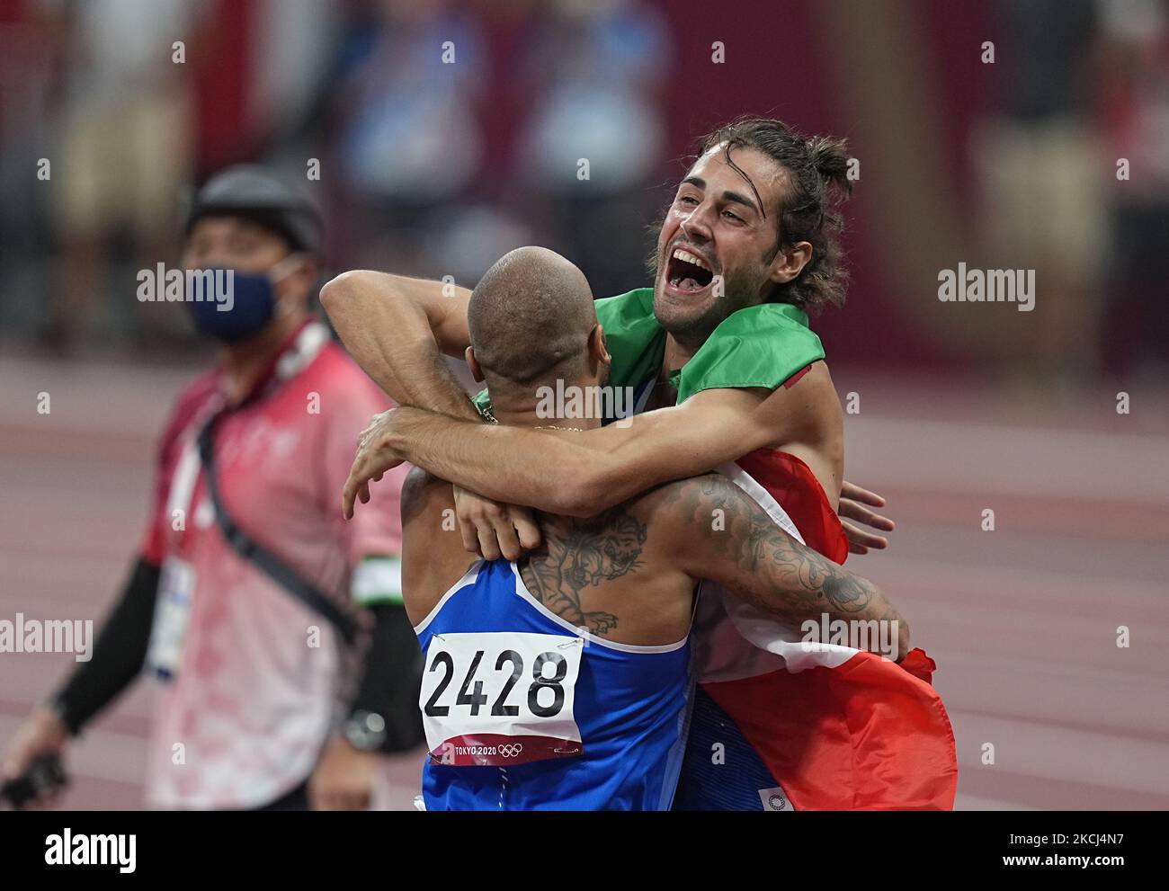 Gianmarco Tamberi and Lamont Marcell Jacobs celebrating100 meter win ...