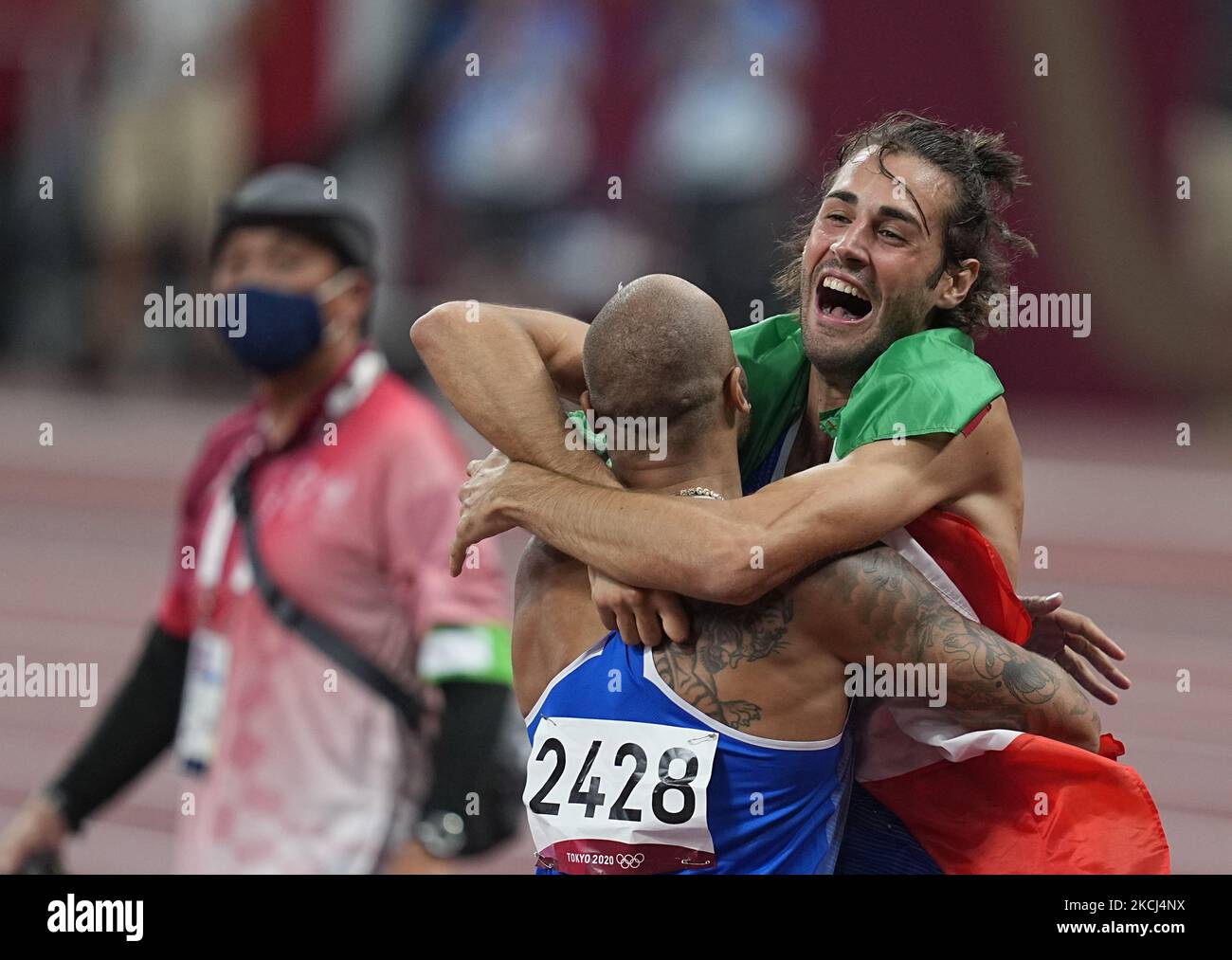 Gianmarco Tamberi and Lamont Marcell Jacobs celebrating100 meter win ...