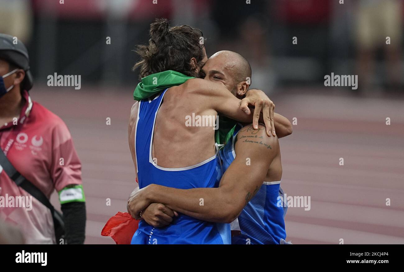 Gianmarco Tamberi and Lamont Marcell Jacobs celebrating100 meter win ...