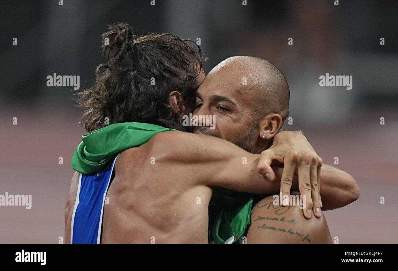 Gianmarco Tamberi and Lamont Marcell Jacobs celebrating100 meter win ...