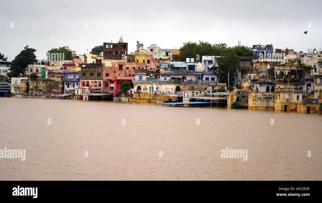 A View of pushkar Lake after heavy monsoon rain made the water level ...