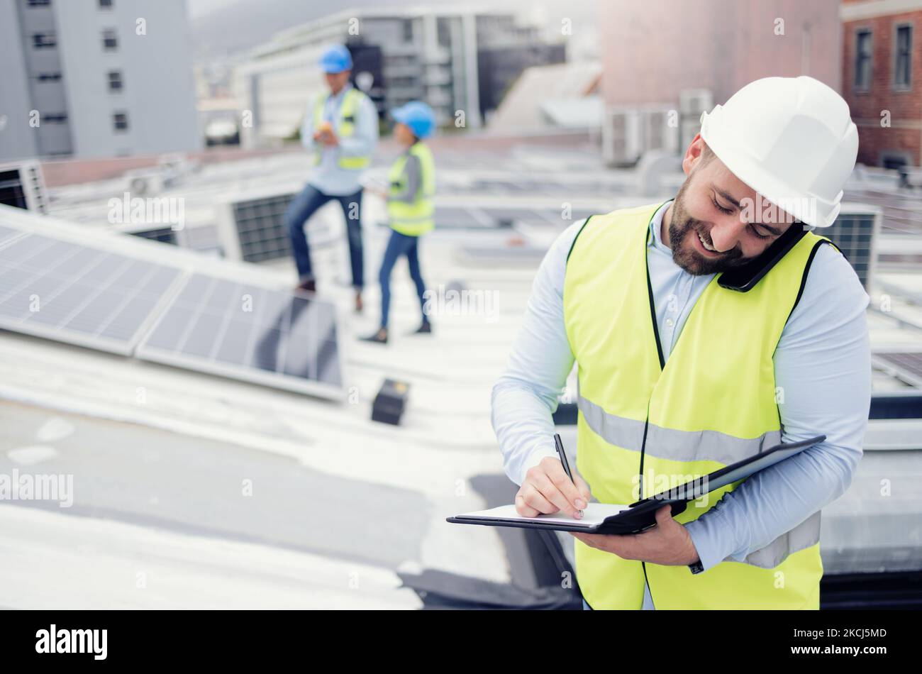Construction, phone call and businessman writing checklist during ...