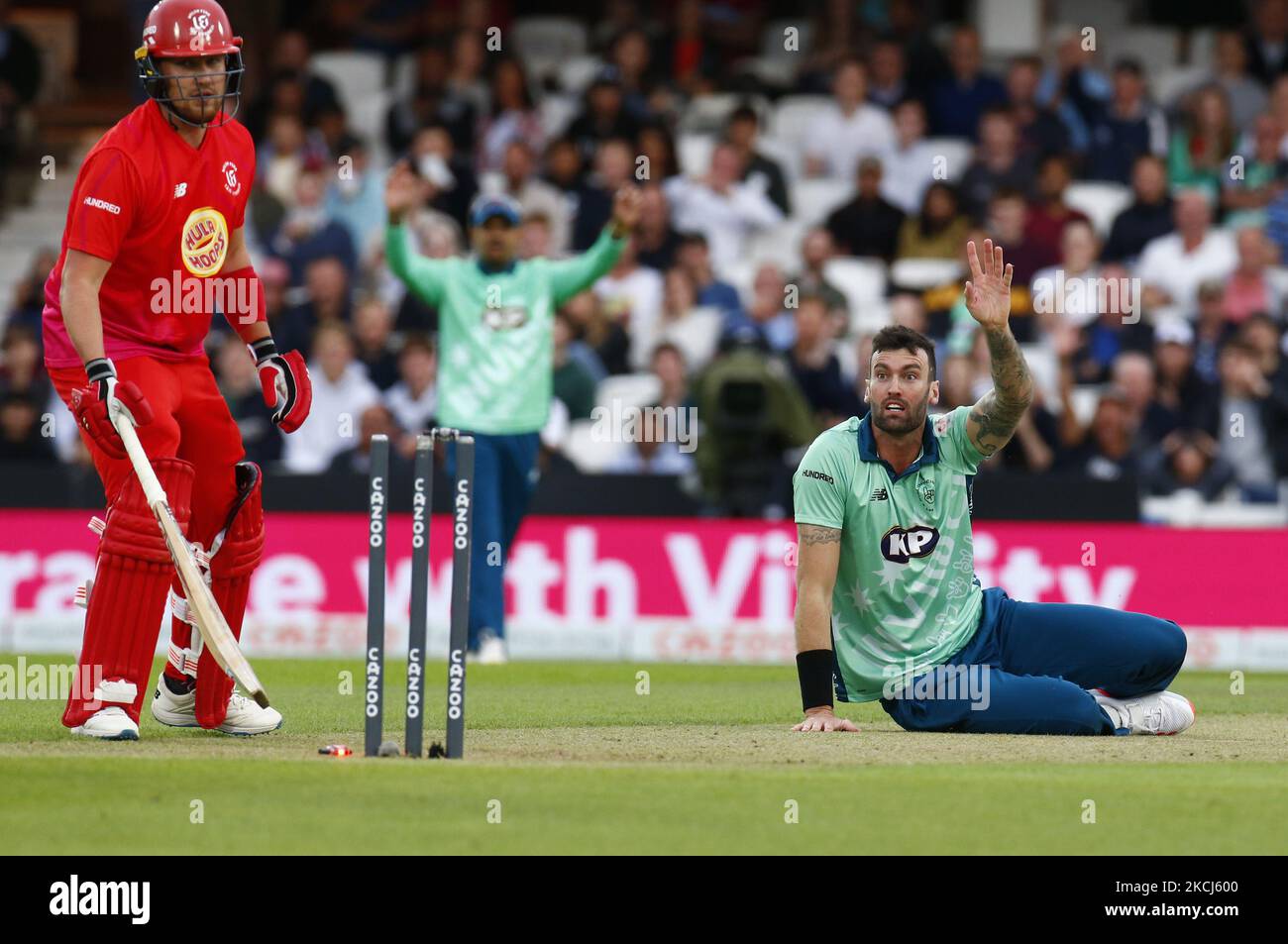 Reece Topley of Oval Invincibles run out Josh Cobb of Welsh Fire Men ...