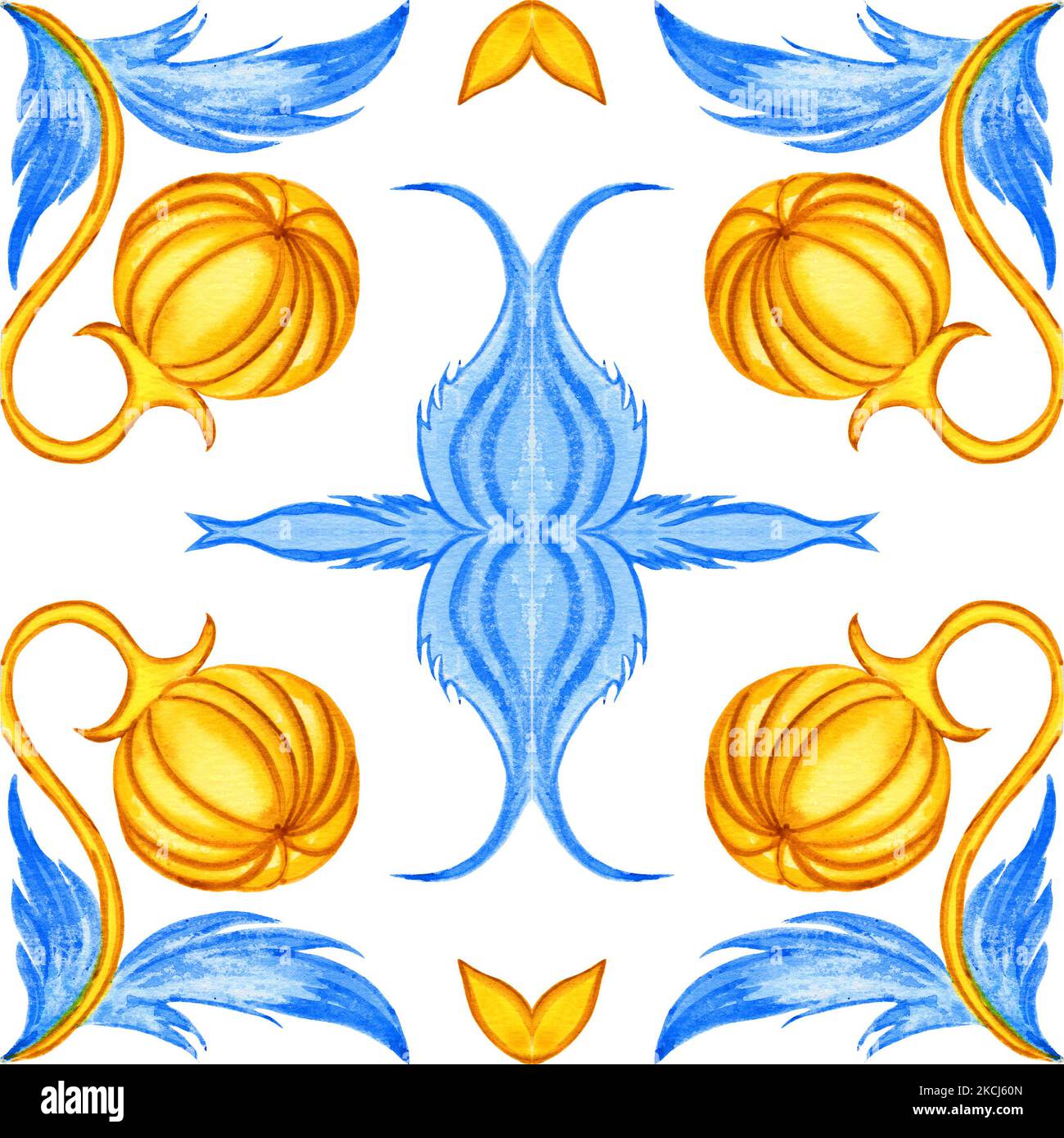 Majolica watercolor seamless pattern. Sicilian hand drawn ornament ...