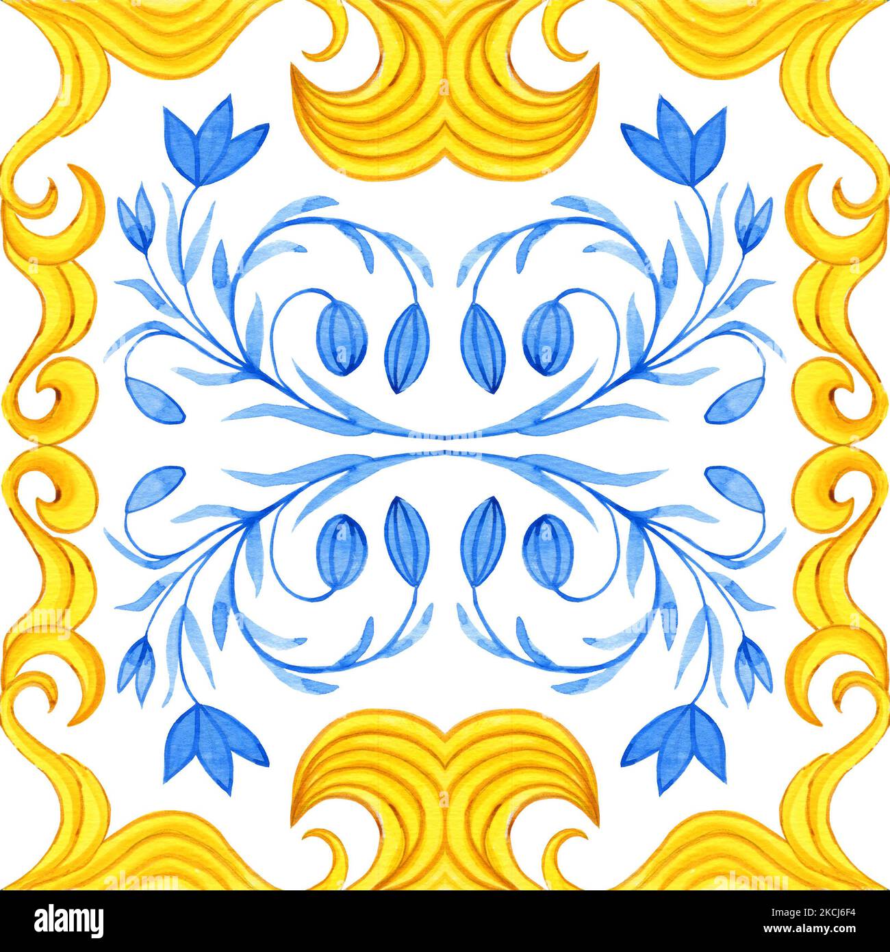 Majolica watercolor seamless pattern. Sicilian hand drawn ornament ...