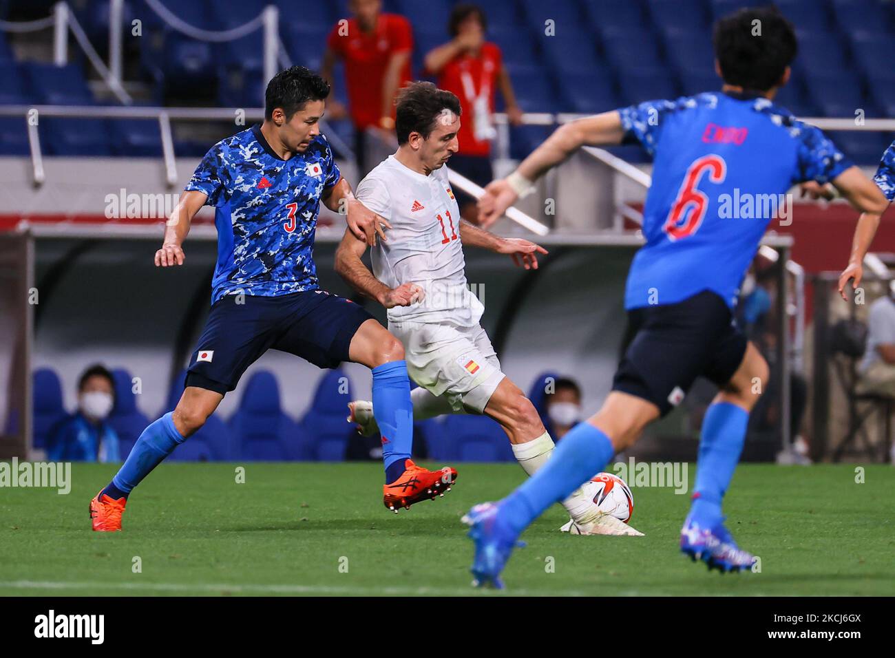 (3) Yuta NAKAYAMA of Team Japan saving the goal from (11) Mikel OYARZABAL of Team Spain during ...