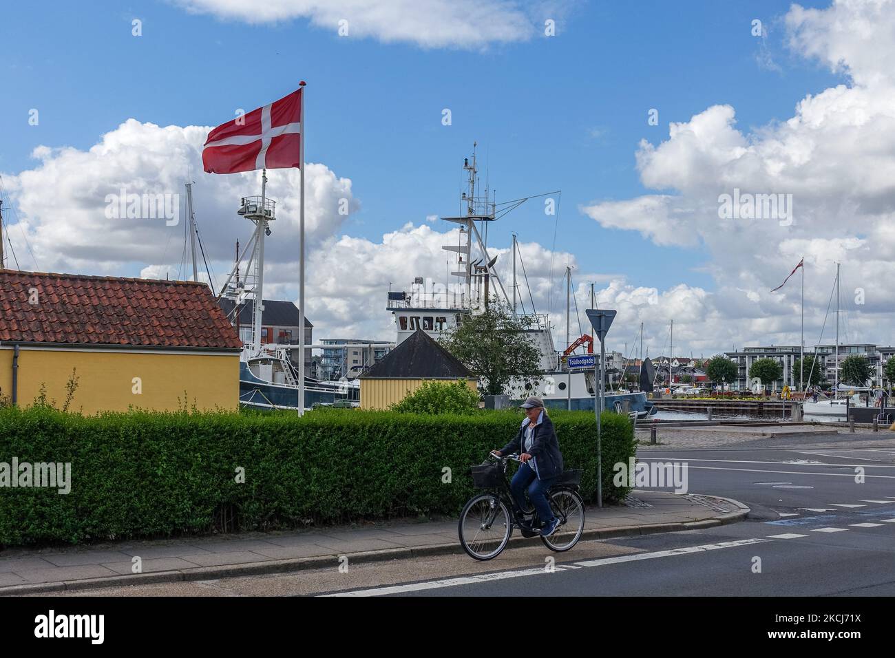 General view of the city with Danish flag and woman riding a bicycle is ...