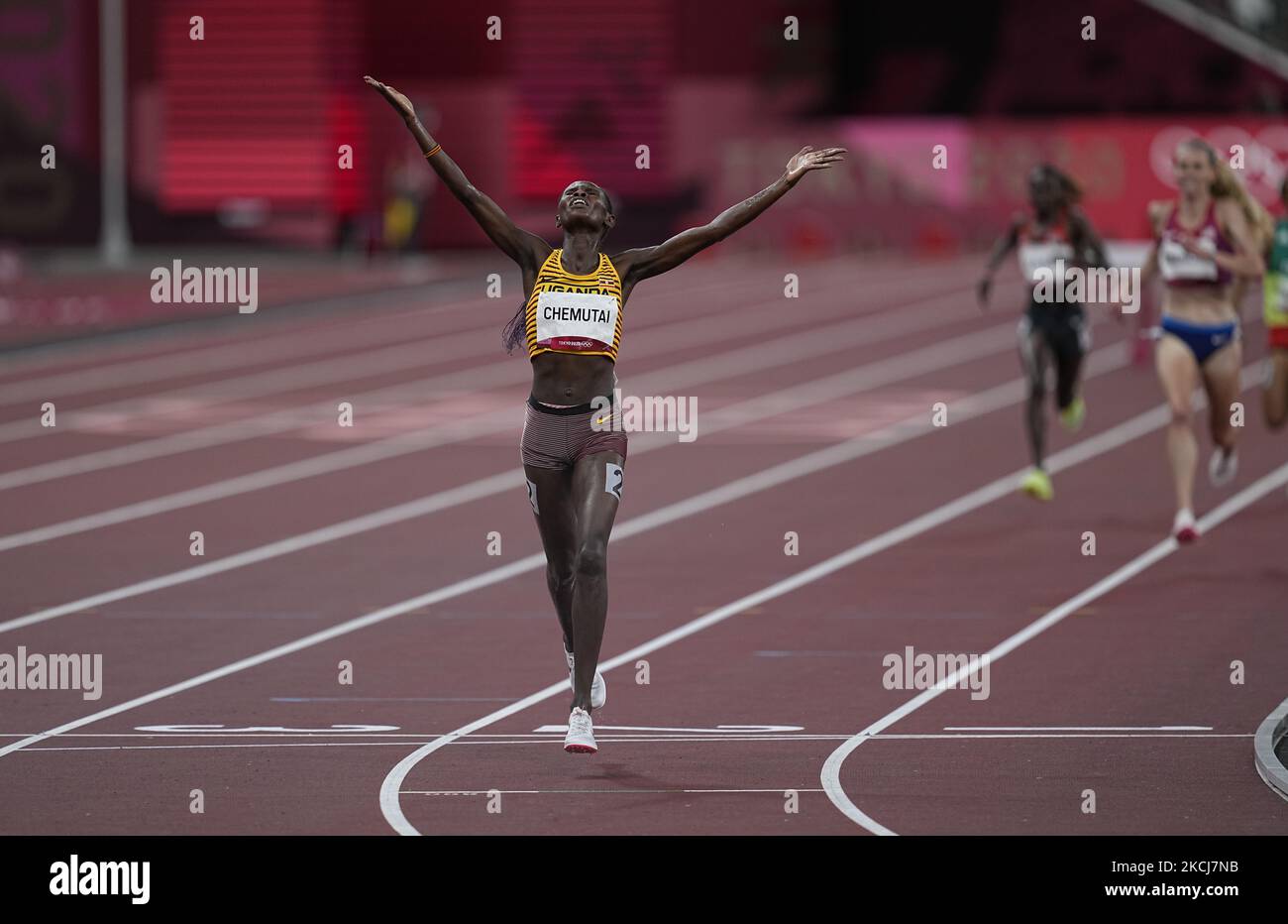 Peruth Chemutai winning 3000 meter steeplechase for women at the Tokyo ...