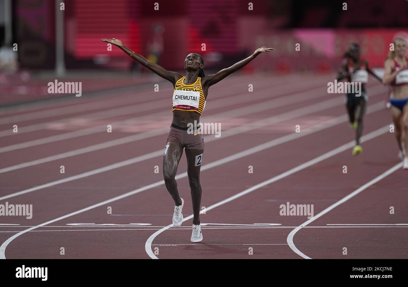 Peruth Chemutai winning 3000 meter steeplechase for women at the Tokyo ...