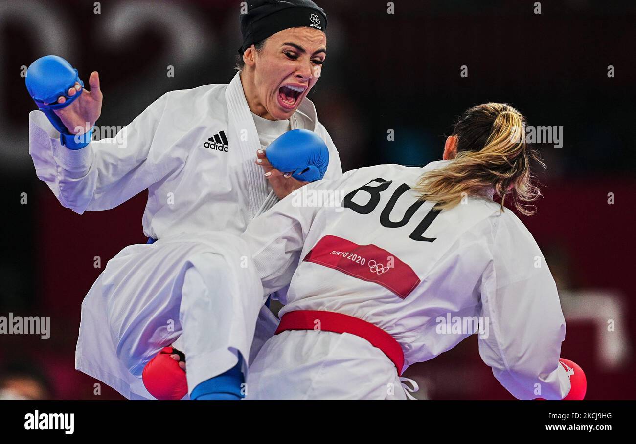 Sara Bahmanyar and Ivet Goronava during karate at the Tokyo Olympics ...