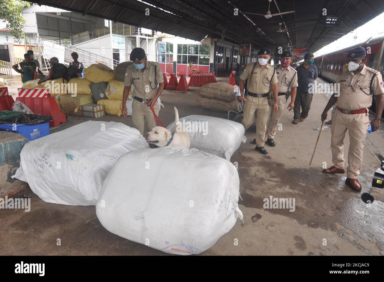 Railway Police Force (RPF) personnel inspect the platform along with a ...