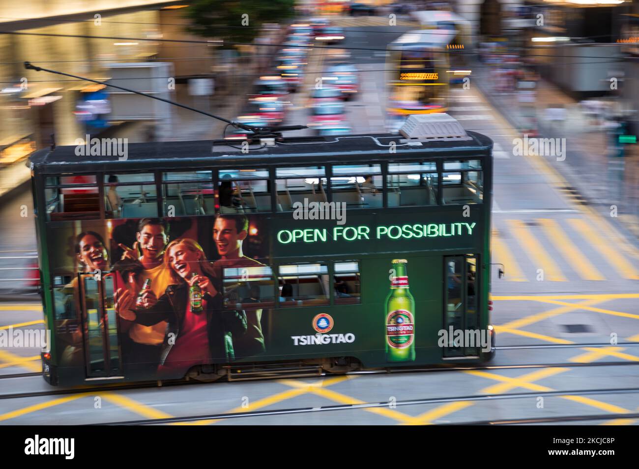 Panned shot of a tramway on Des Voeux road in Central Hong Kong on ...