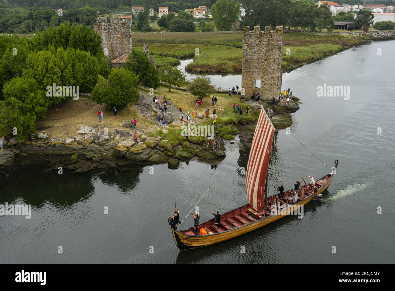 A viking boat is seen near the West Towers of Catoira during the Viking ...