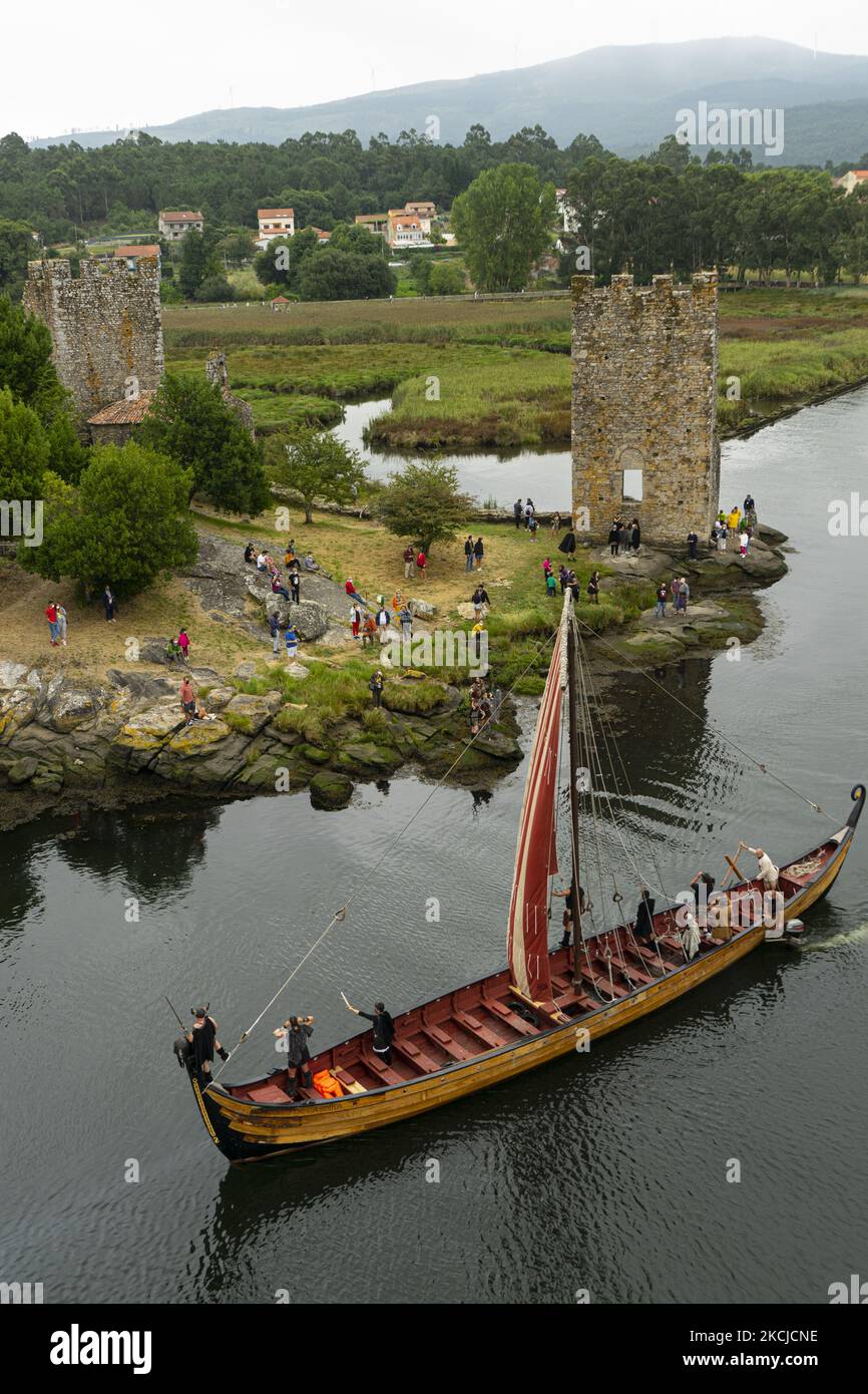 A viking boat is seen near the West Towers of Catoira during the Viking ...
