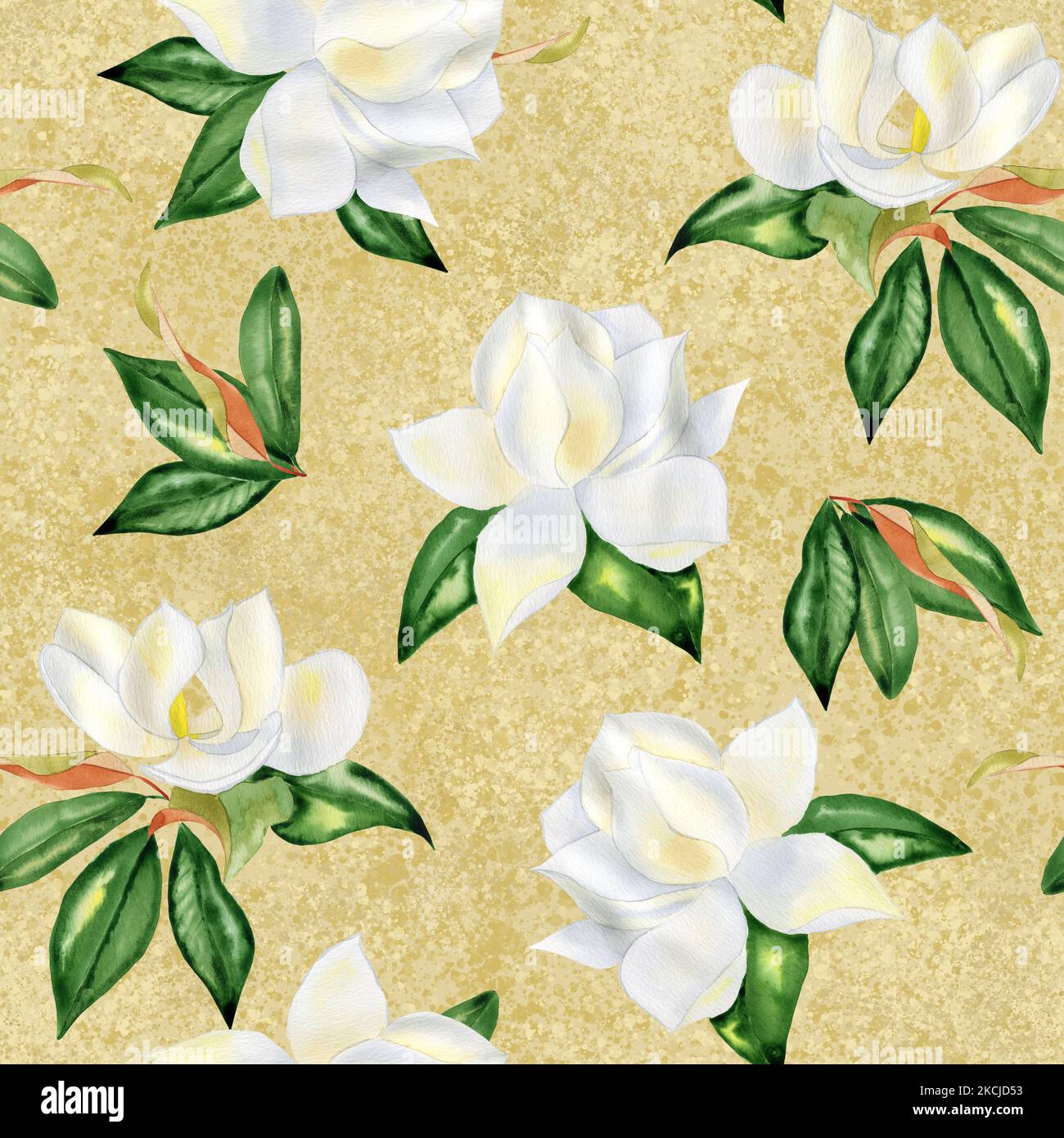 White magnolia flowers watercolor seamless pattern. Flowering tree ...