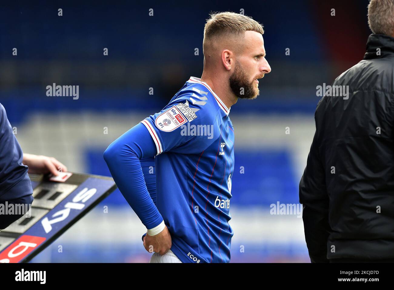 Oldham Athletic's Jack Stobbs prepares to come on during the Sky Bet ...