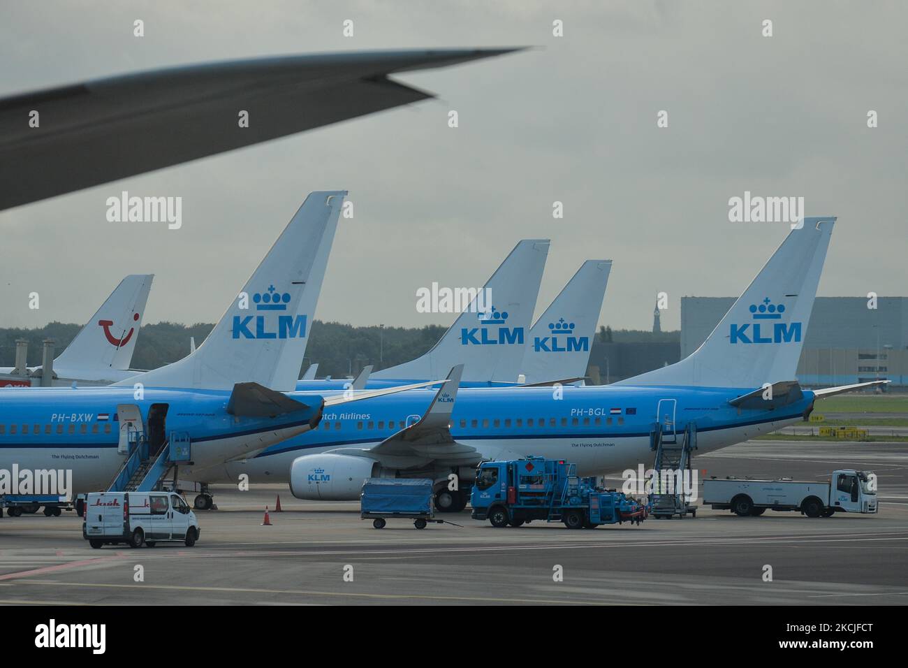 KLM planes at Amsterdam Airport Schiphol. On Friday, August 6, 2021, in ...