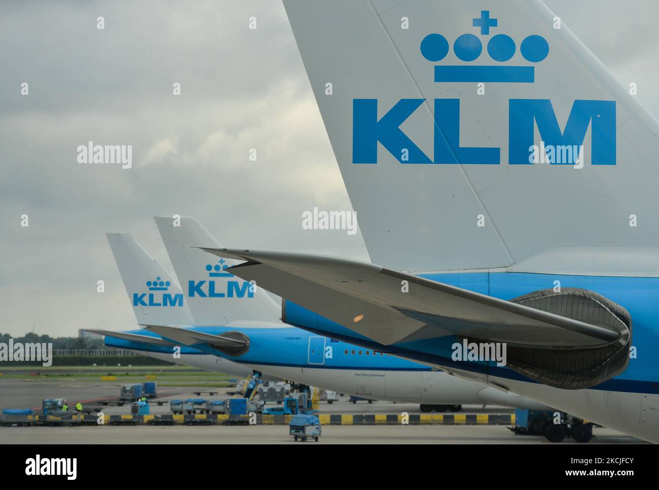 KLM planes at Amsterdam Airport Schiphol. On Friday, August 6, 2021, in ...